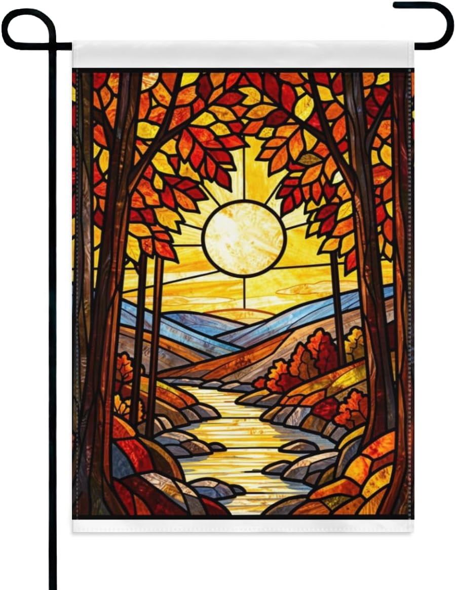 Autumn Forest River Sun Garden Flag Double Sided Stained Glass Style ...