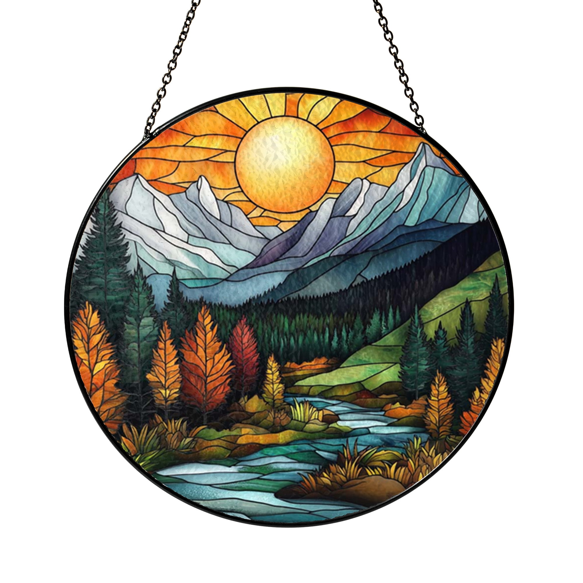 Autumn Forest River Window Hanging Decor, Stained Glass Style Landscape ...