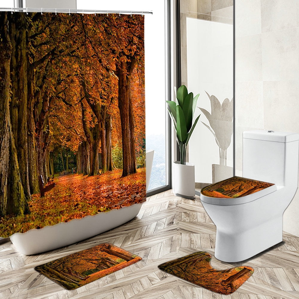 Autumn Forest Scenery Shower Curtain Waterfall Red Maple Leafs Natural ...