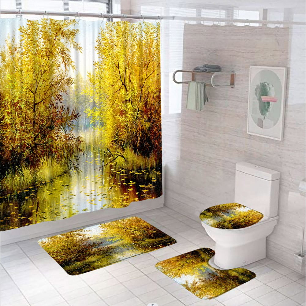 Autumn Forest Shower Curtain Set 4Pcs Tree Natural Scenery Landscape ...