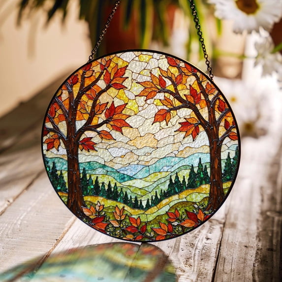 Autumn Forest Trees Glass Suncatcher, Fall Decor Thanksgiving, 7.9 in ...