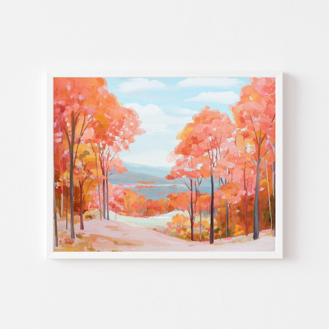 Autumn Forest Valley Fall Foliage Pink Orange Wall Art, Unframed Paper ...