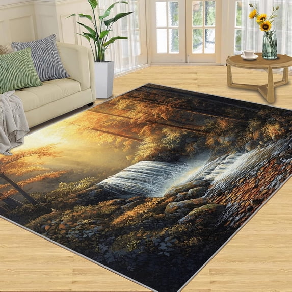Autumn Forest Waterfall Area Rug, Nature Landscape Pattern Carpet ...