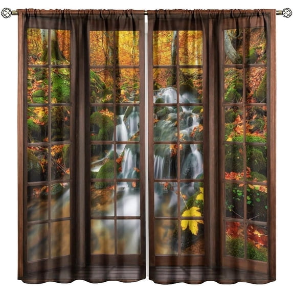 Autumn Forest Waterfall Blackout Curtains, Maple Tree Jungle Landscape ...