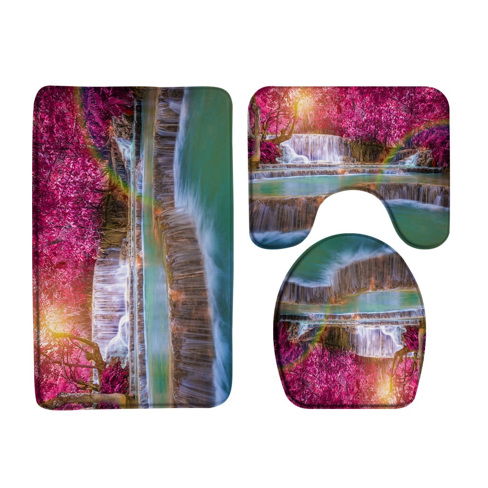 Autumn Forest Waterfall Landscape Bath Mat Set Natural Lake Rock Tree ...