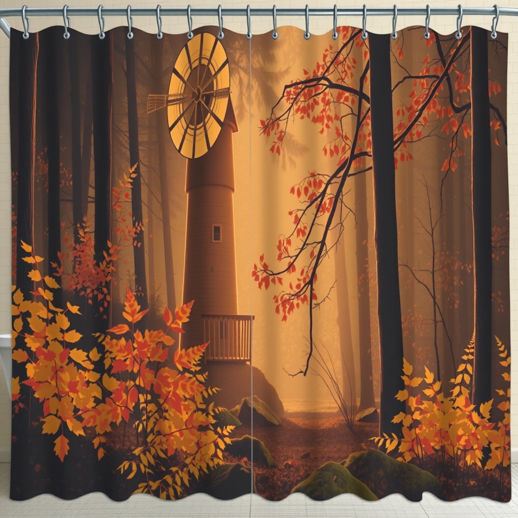 Autumn Forest Windmill Shower Curtain - Serene Nature Scene, Rustic ...