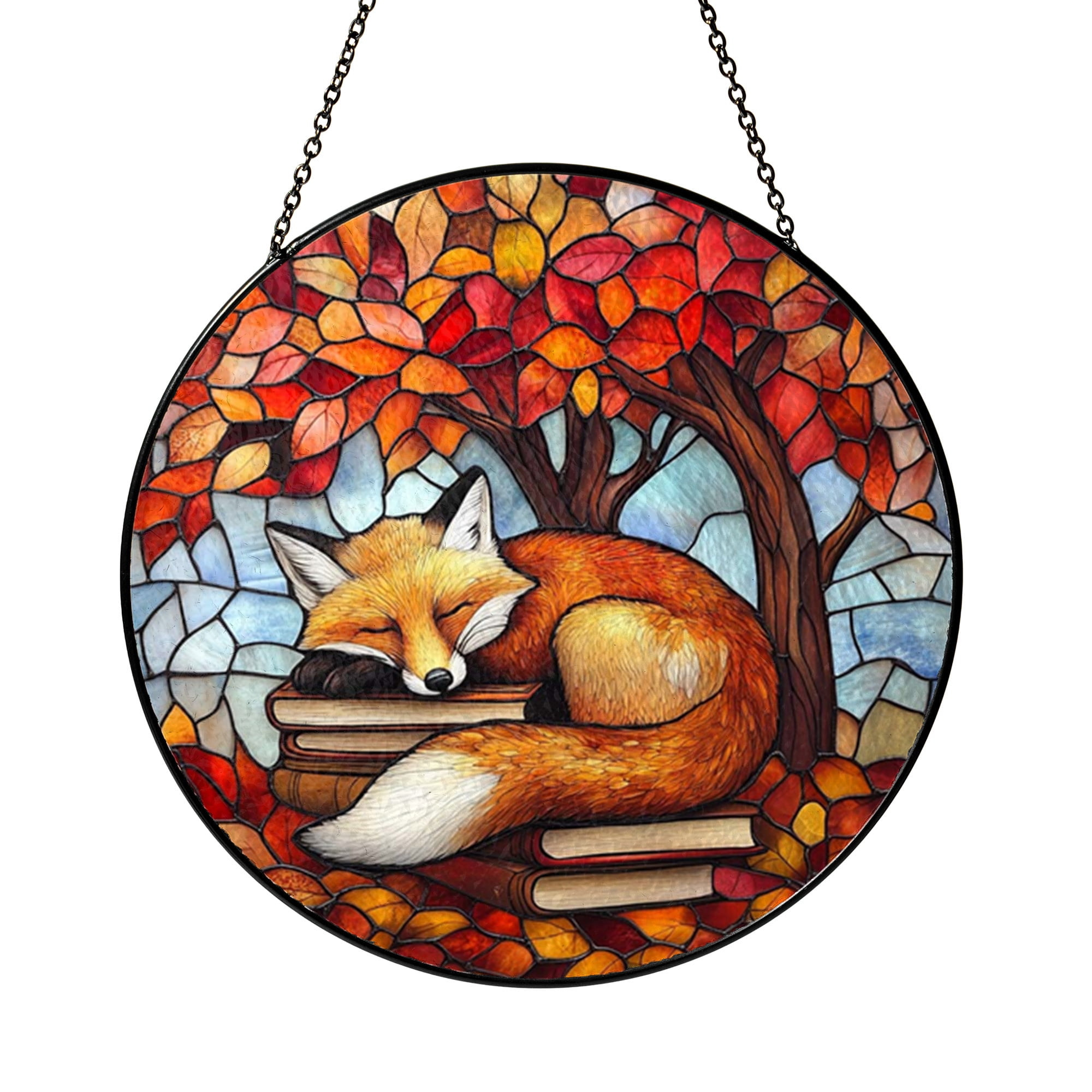 Autumn Fox with Books Stained Glass Suncatcher Window Decor, Woodland ...