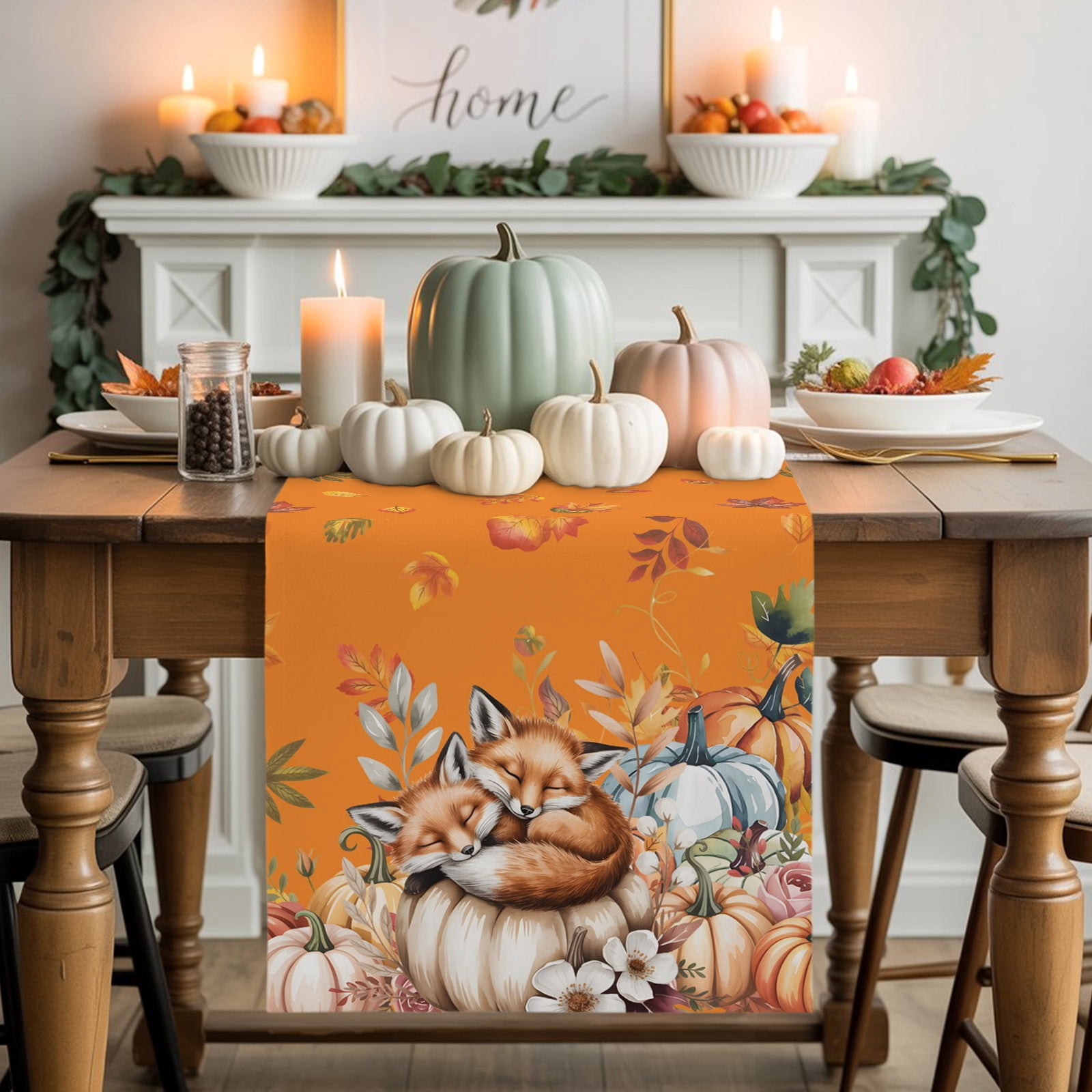 Autumn Fox Pumpkin Maple Leaf Table Runner 13x48in Non-Slip Cotton ...