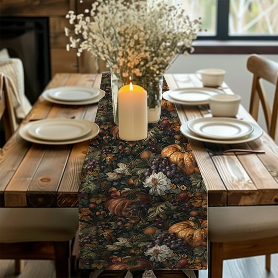 Autumn Fruits Pumpkin Grape Plants Flowers Table Runner Polyester Table Runners for Dining Room ...