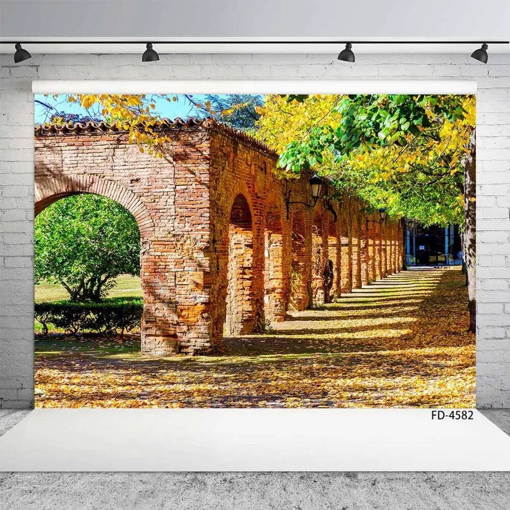 Autumn Garden Brick-Arch-Door Fallen Leaves Path Scenery Backgrounds ...