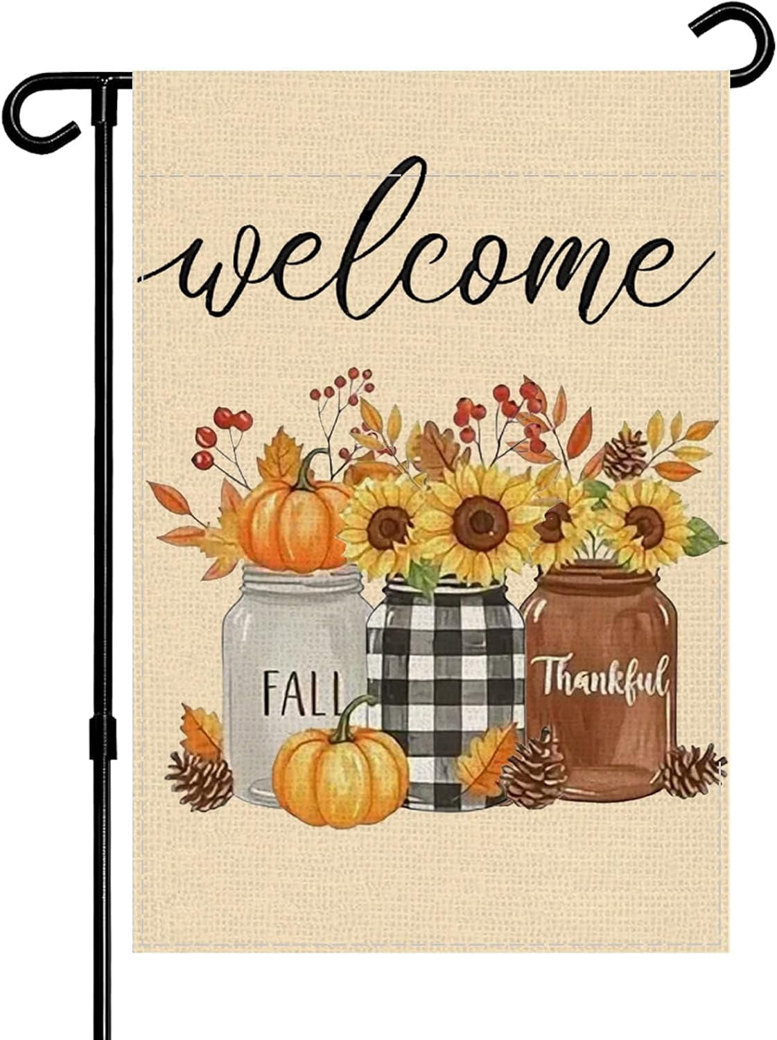 Autumn Garden Flag 12x18 Inch Mason Jar Sunflower Pumpkin Leaves Double Sided Seasonal Yard ...
