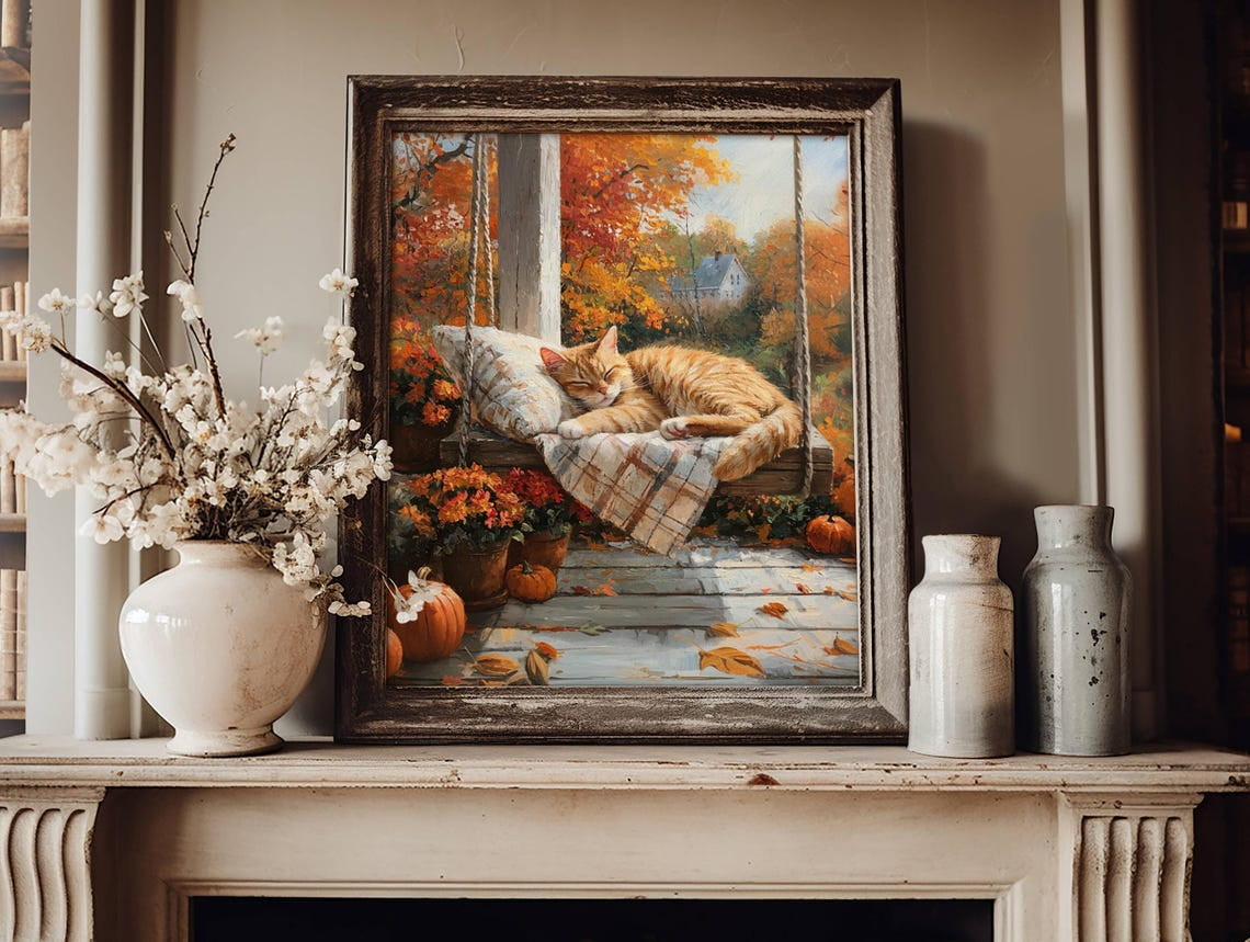 Autumn Ginger Cat On Porch Swing Poster, Farmhouse Fall Decor, Fall ...