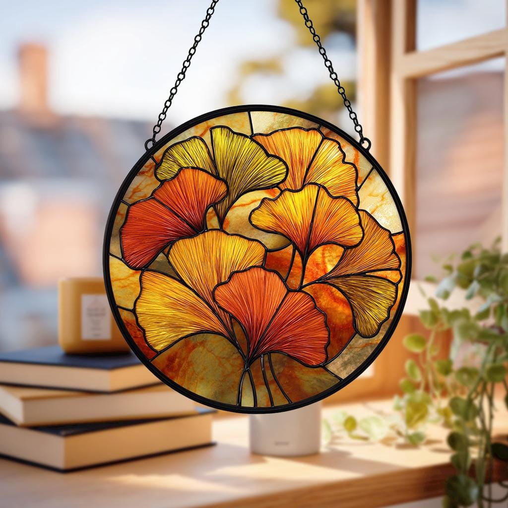 Autumn Ginkgo Stained Glass Suncatcher – Yellow & Green Leaf Window ...