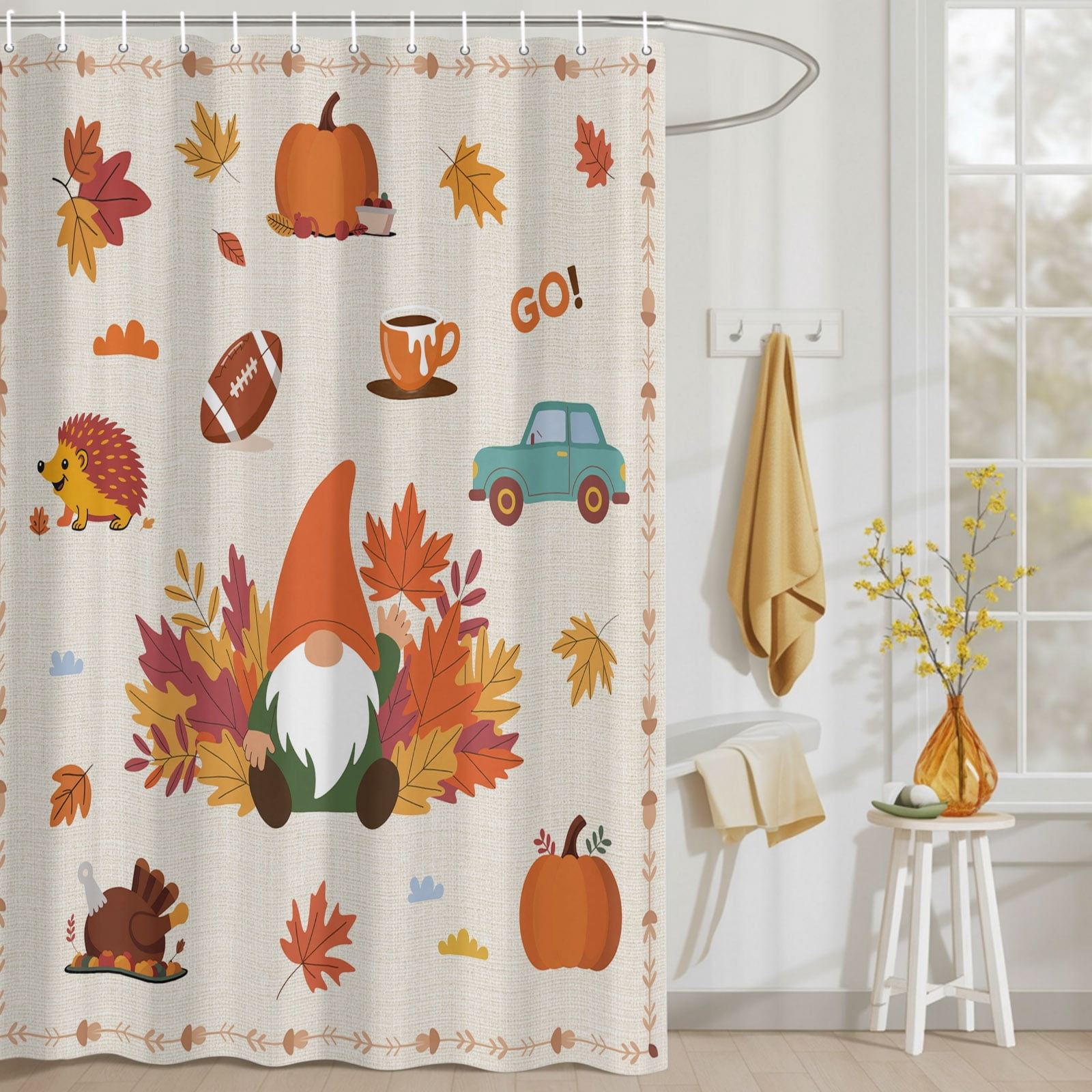 Autumn Gnome Maple Leaf on Linen Shower Curtain Set, Waterproof Shower ...