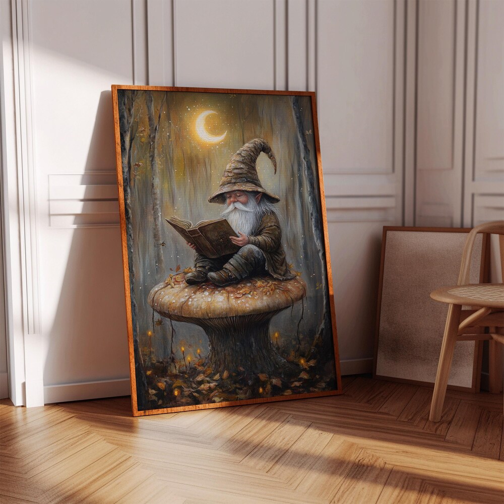 Autumn Gnome Reading Poster Wall Art Whimsical Forest Gnome On Mushroom ...