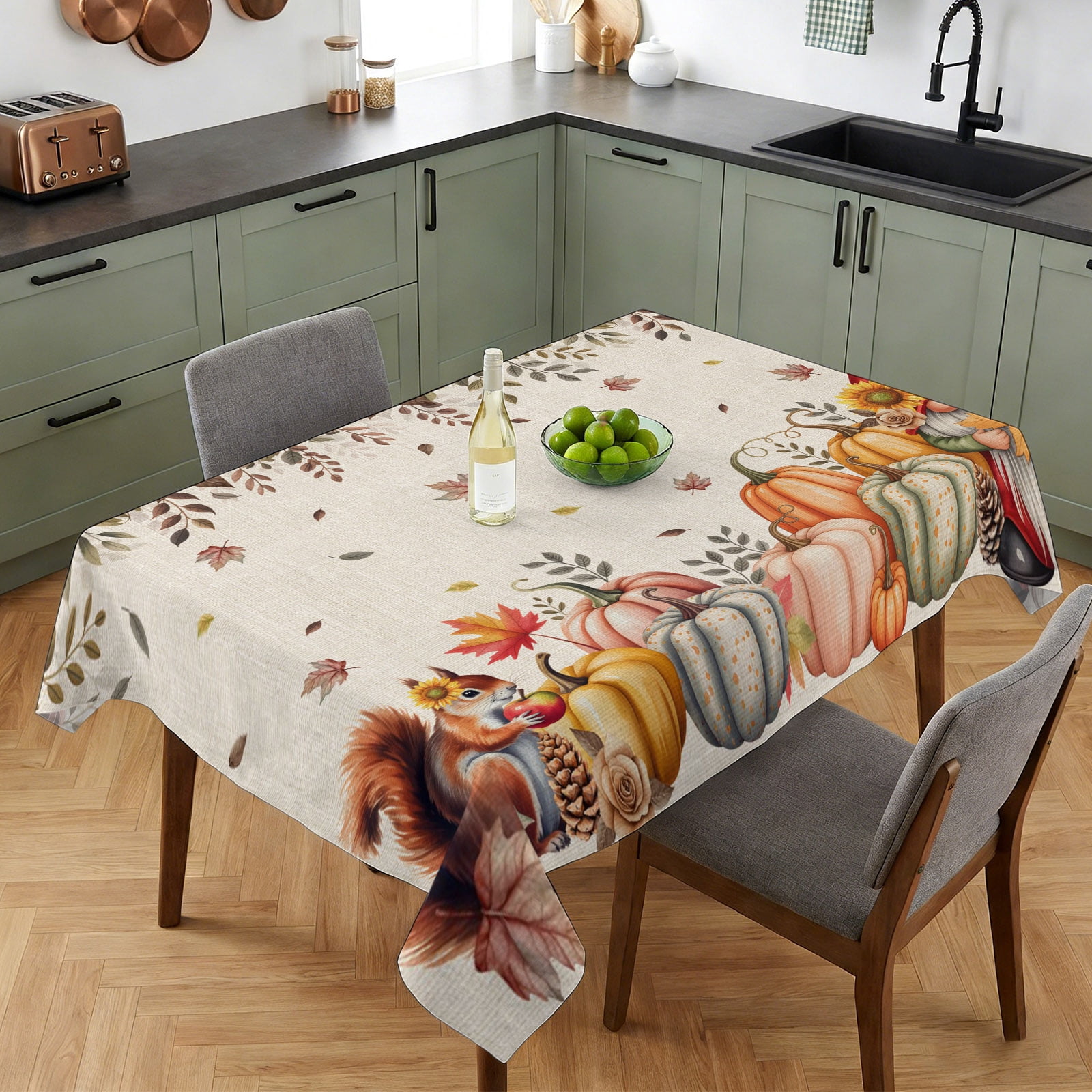 Autumn Gnome Squirrel Pumpkin Table Cloth 52x70in, Waterproof Rectangle ...