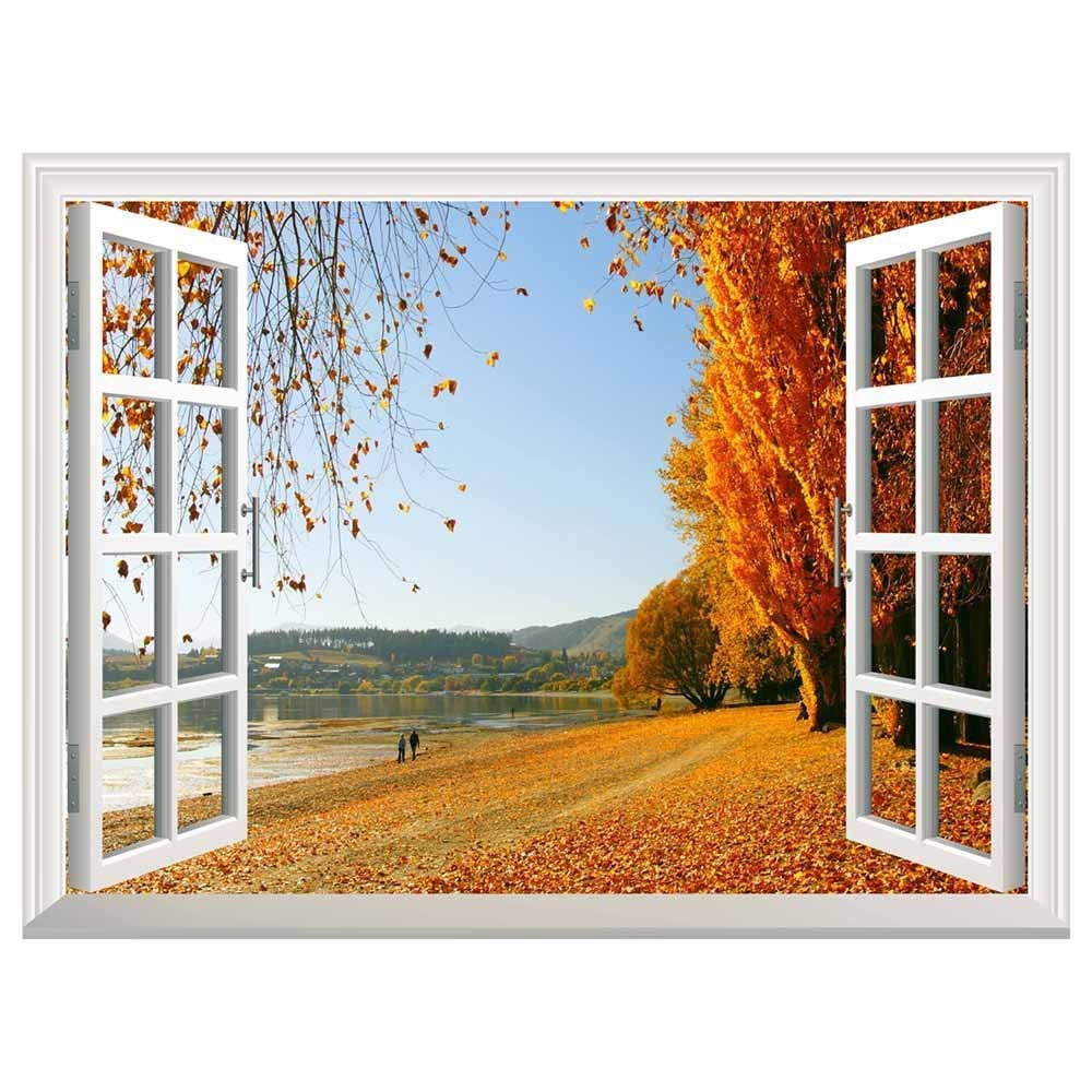 Autumn Golden Fallen Leaves Open Window Mural Wall Sticker - 24"x32 ...