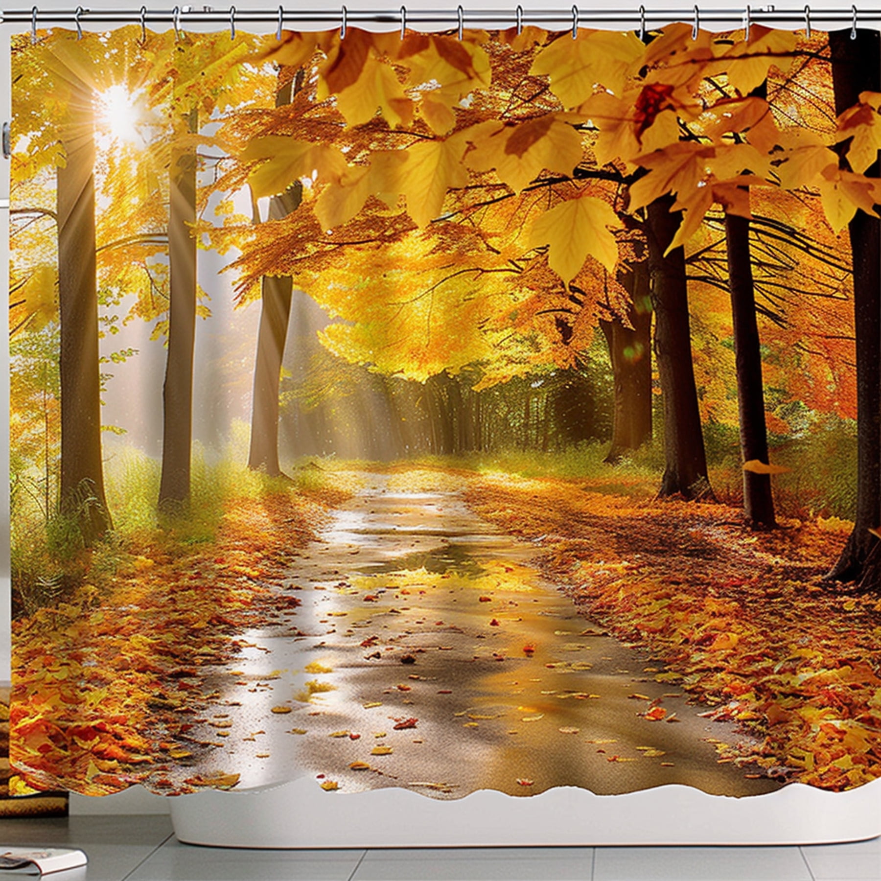 Autumn Golden Leaves Shower Curtain Hyper Realistic Bathroom Decor ...