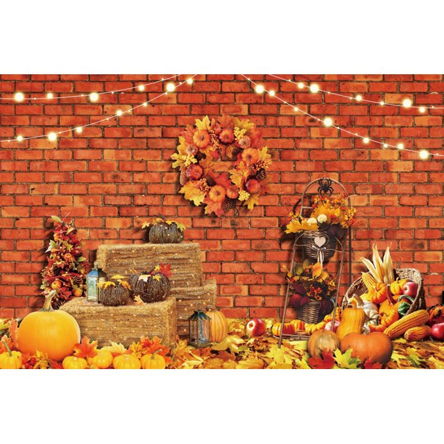 Autumn Great Pumpkin Straw Leaves Thanks Giving Backdrop Brick Wall ...