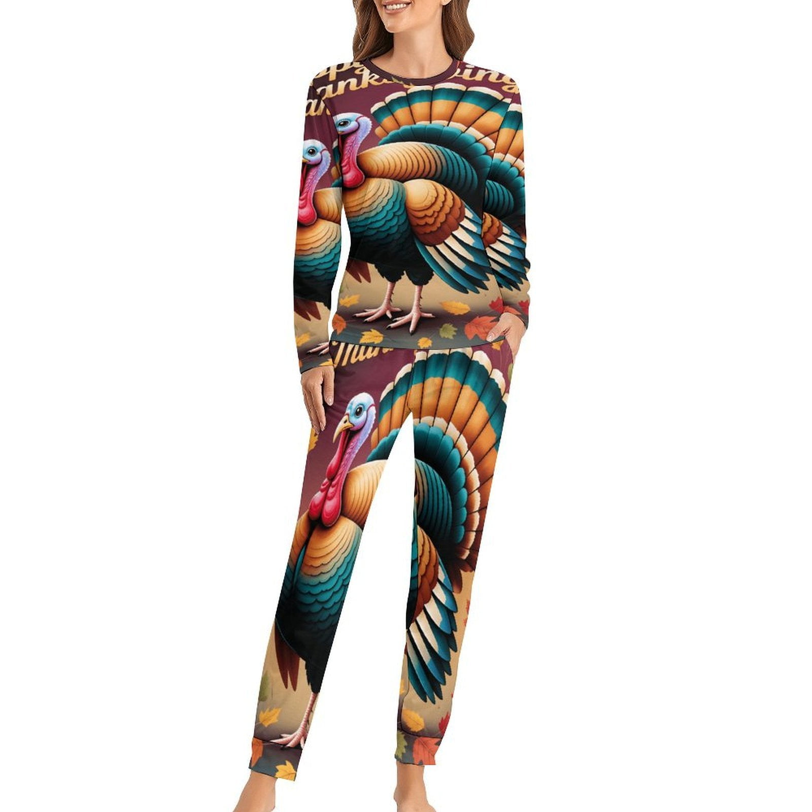 Autumn Happy Thanksgiving Turkey Pajamas Woman 2 Piece Vintage Pajamas ...
