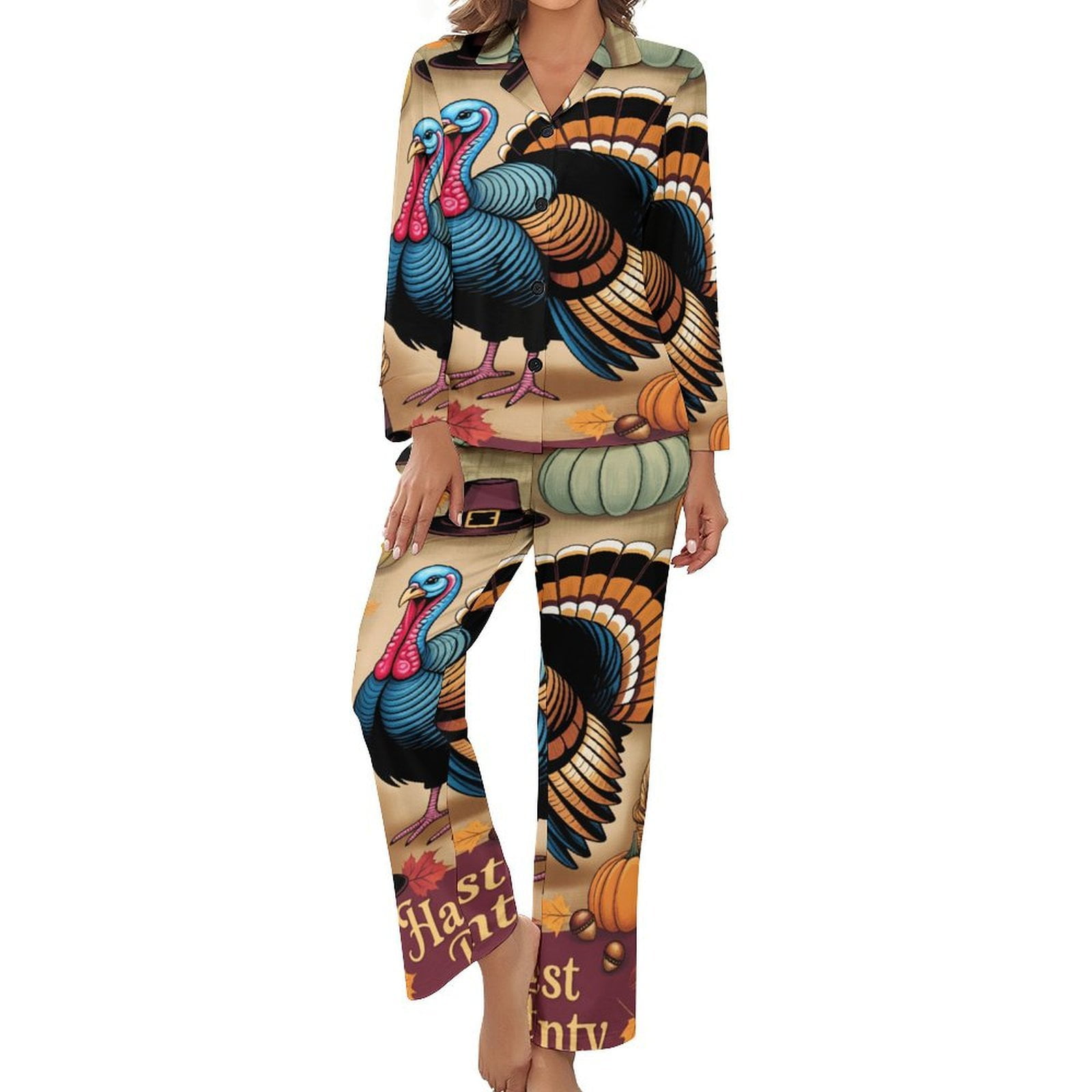 Autumn Happy Thanksgiving Turkey Pajamas Woman Vintage Pajamas Set 2 ...