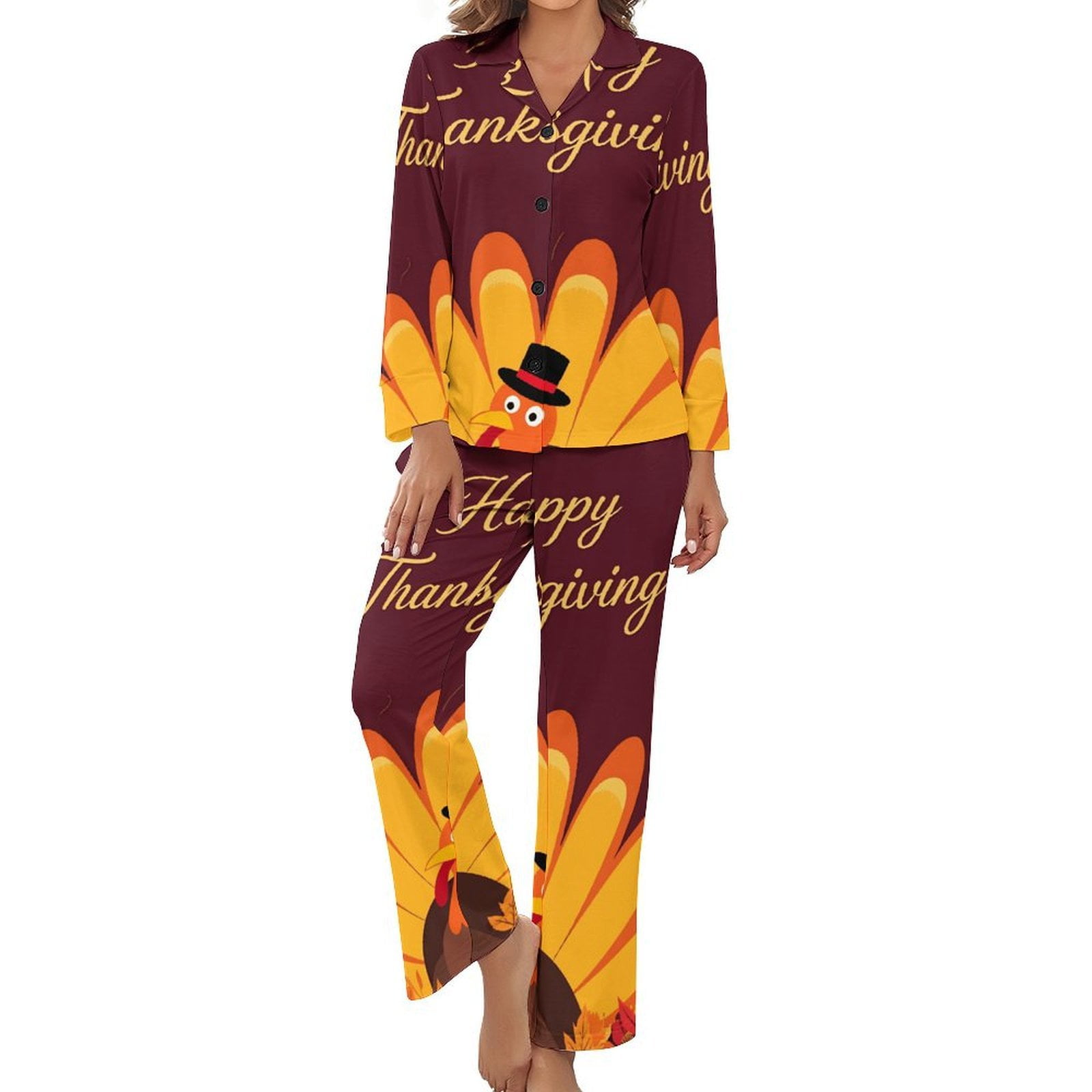 Autumn Happy Thanksgiving Turkey Printed Pajama Set for Couples, Women ...