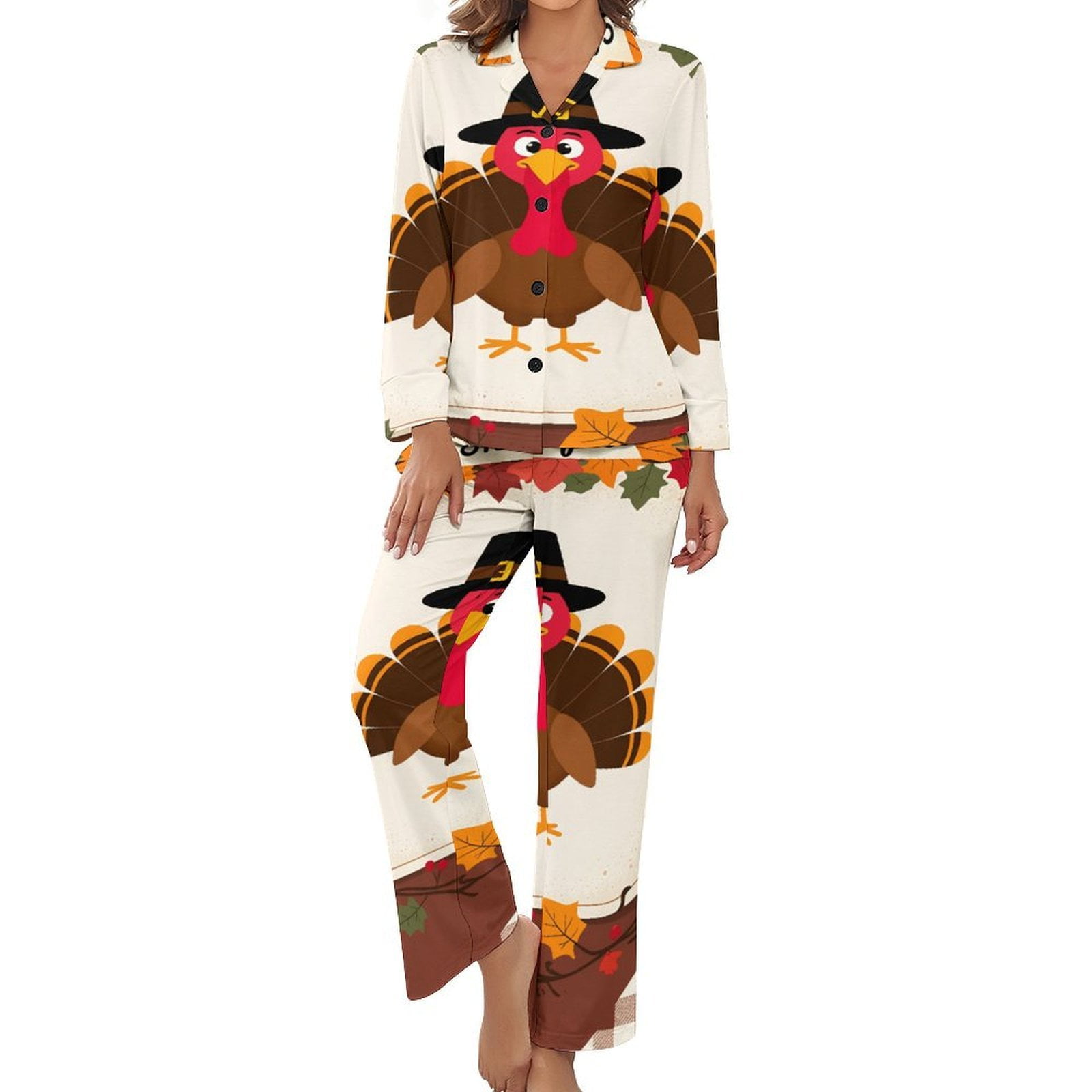 Autumn Happy Thanksgiving Turkey Printed Pajama Set for Couples, Women ...