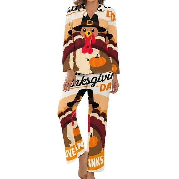 Autumn Happy Thanksgiving Turkey Printed Pajama Set for Couples, Women ...