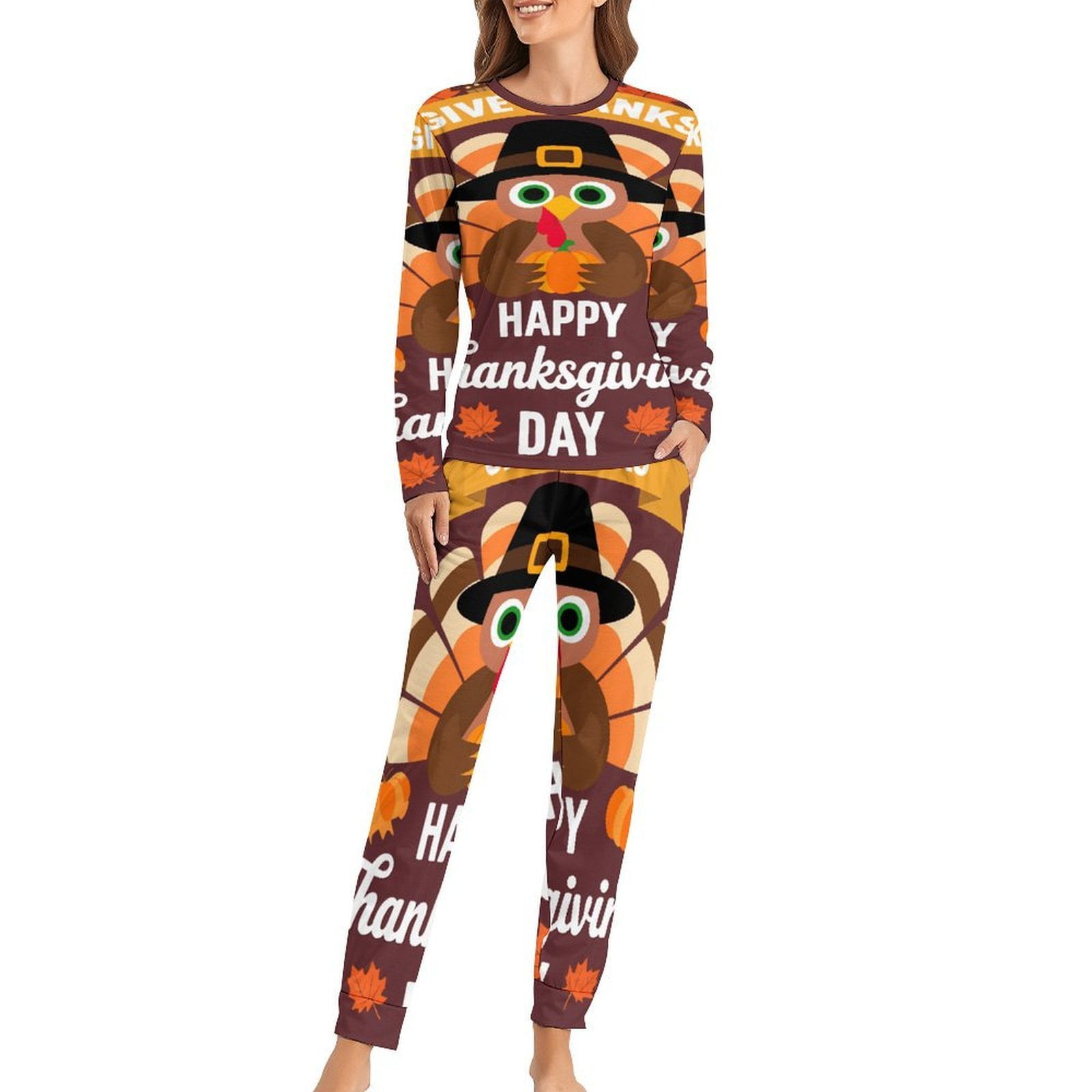 Autumn Happy Thanksgiving Turkey Printed Pajama Set for Couples, Women ...