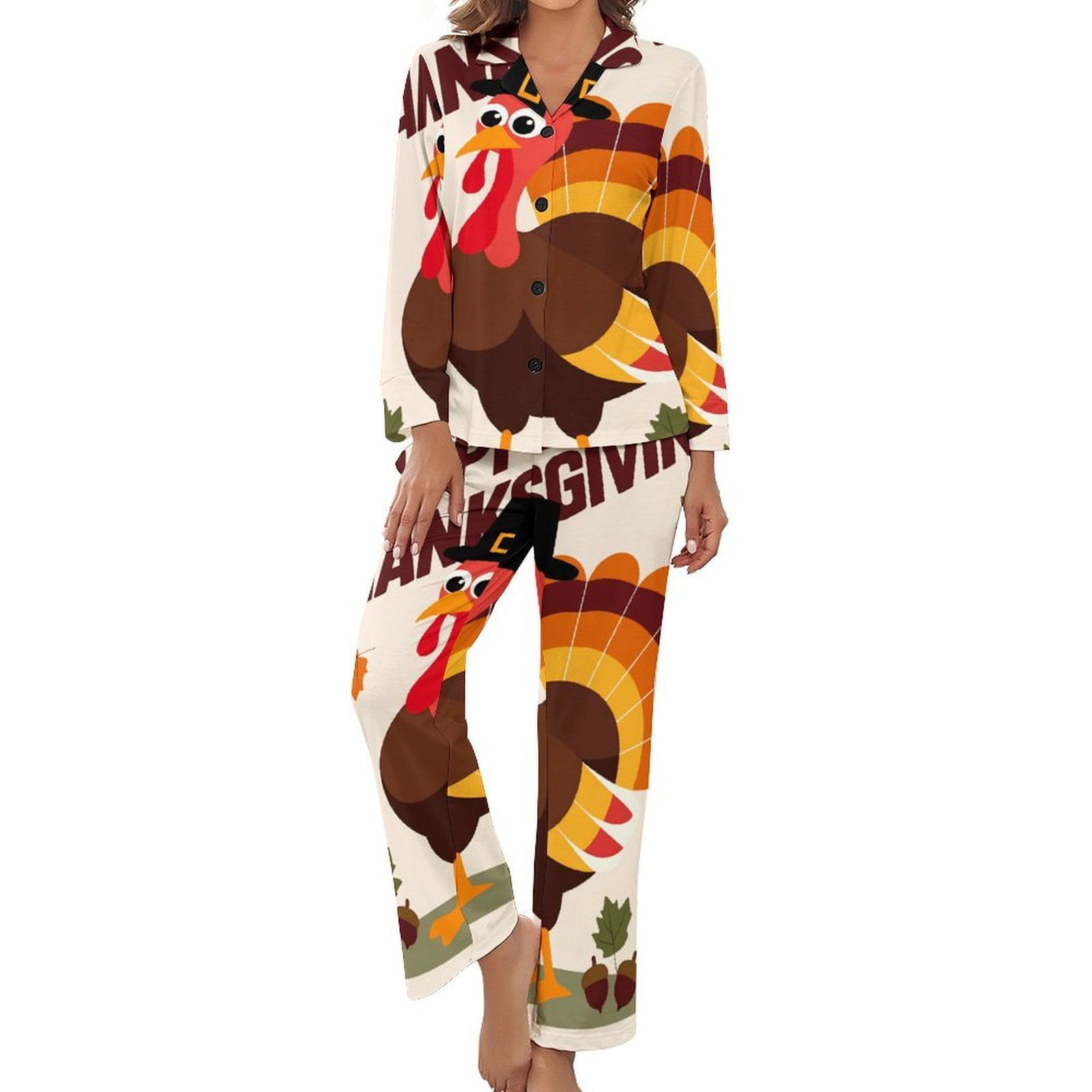 Autumn Happy Thanksgiving Turkey Printed Pajama Set for Couples, Women ...