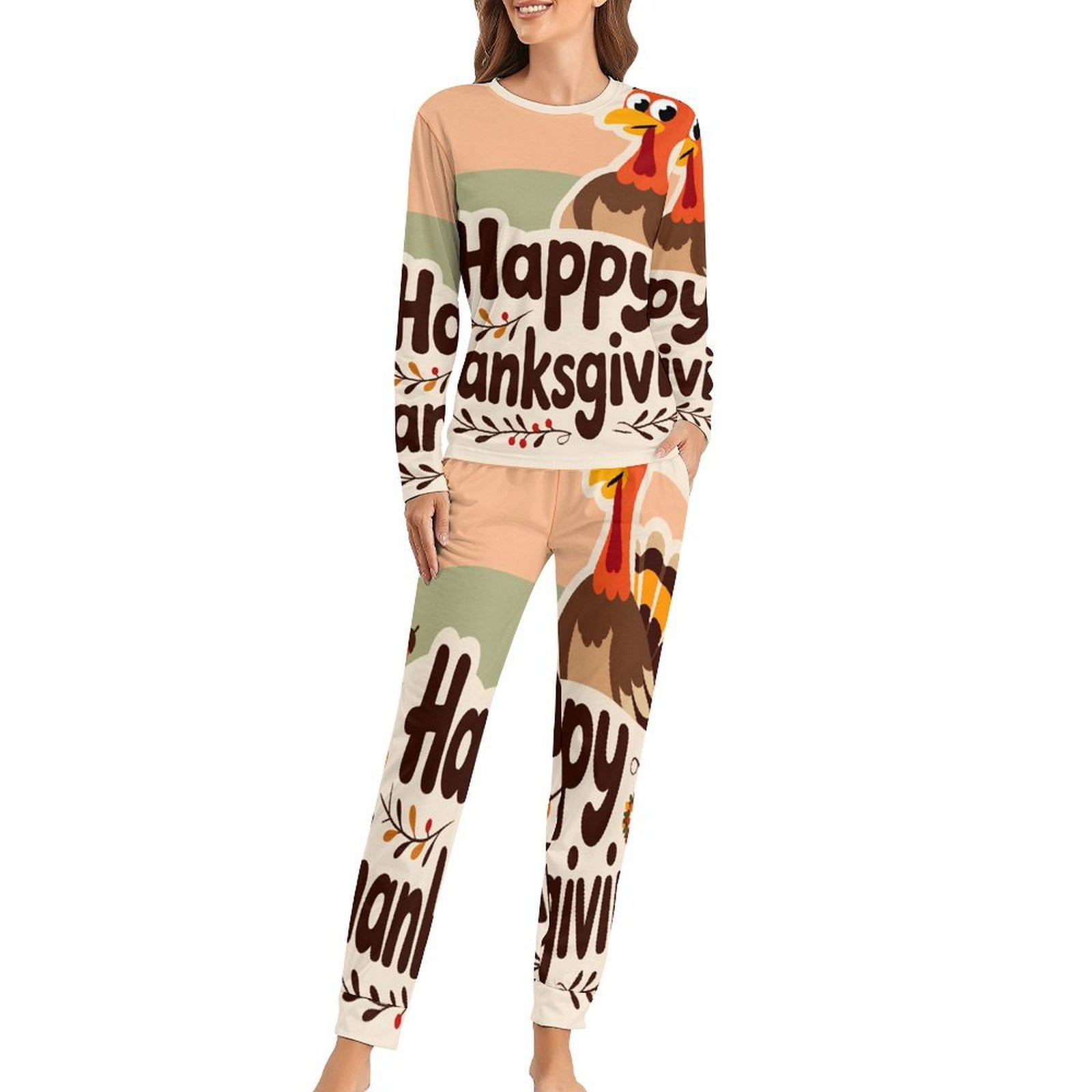 Autumn Happy Thanksgiving Turkey Printed Pajama Set for Couples, Women ...