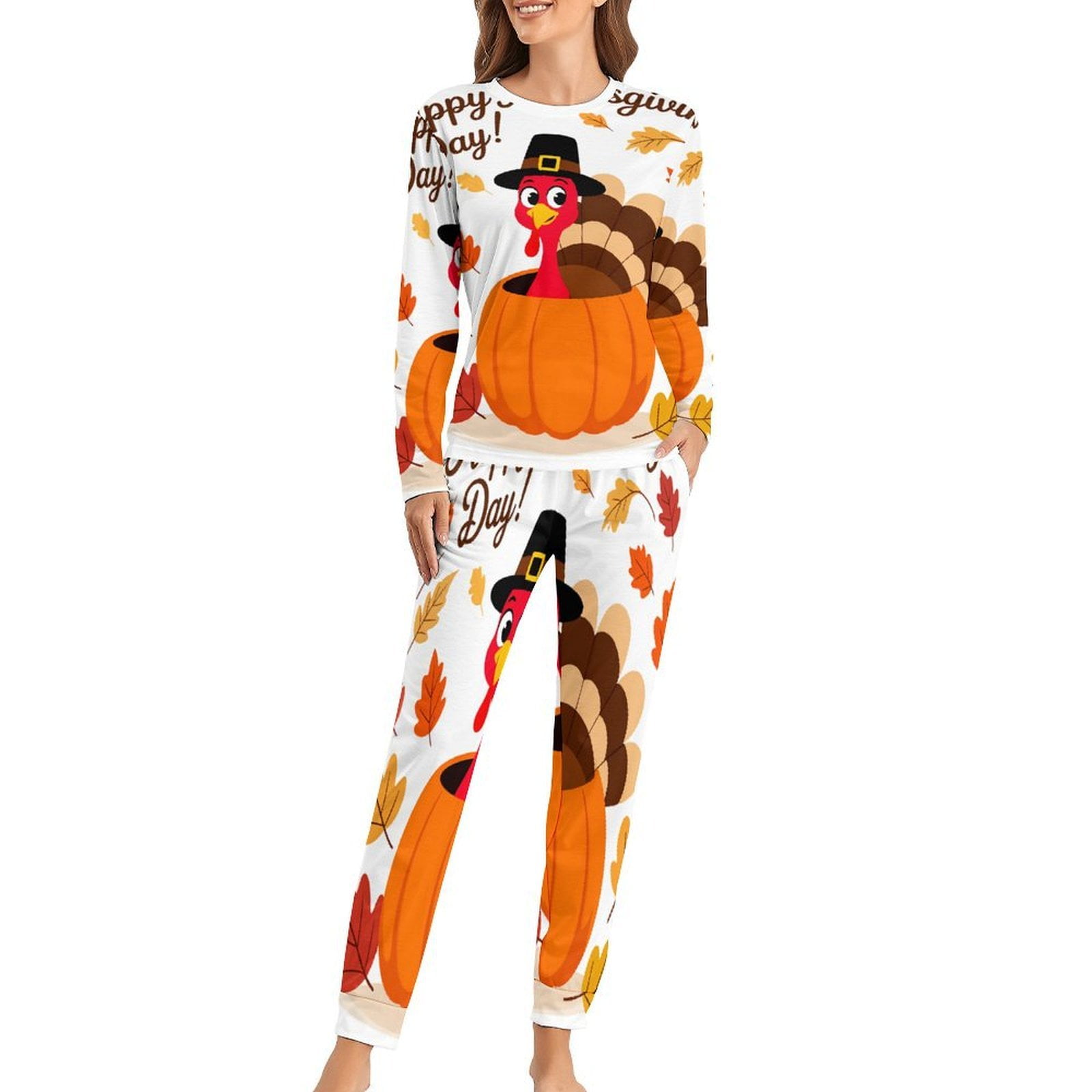 Autumn Happy Thanksgiving Turkey Printed Pajama Set for Couples, Women ...