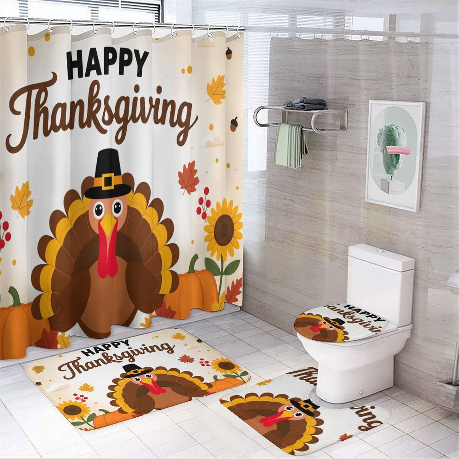 Autumn Happy Thanksgiving Turkey Shower Curtain And Rugs Mat Set For ...