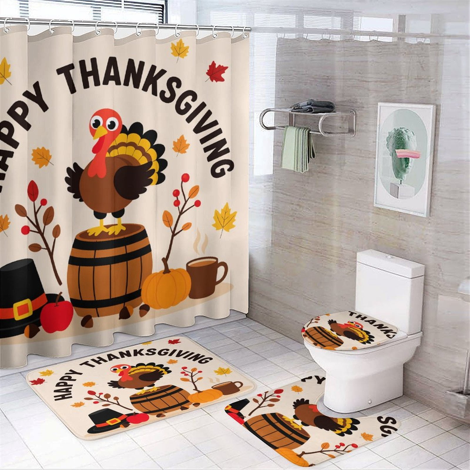 Autumn Happy Thanksgiving Turkey Shower Curtain And Rugs Mat Set For ...