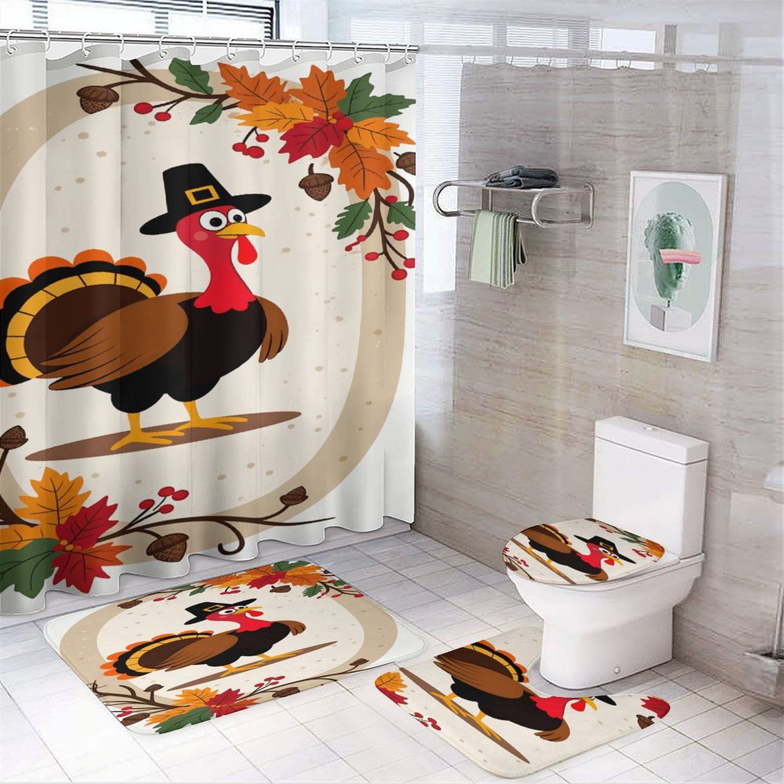 Autumn Happy Thanksgiving Turkey Shower Curtain Set Modern Bathroom ...
