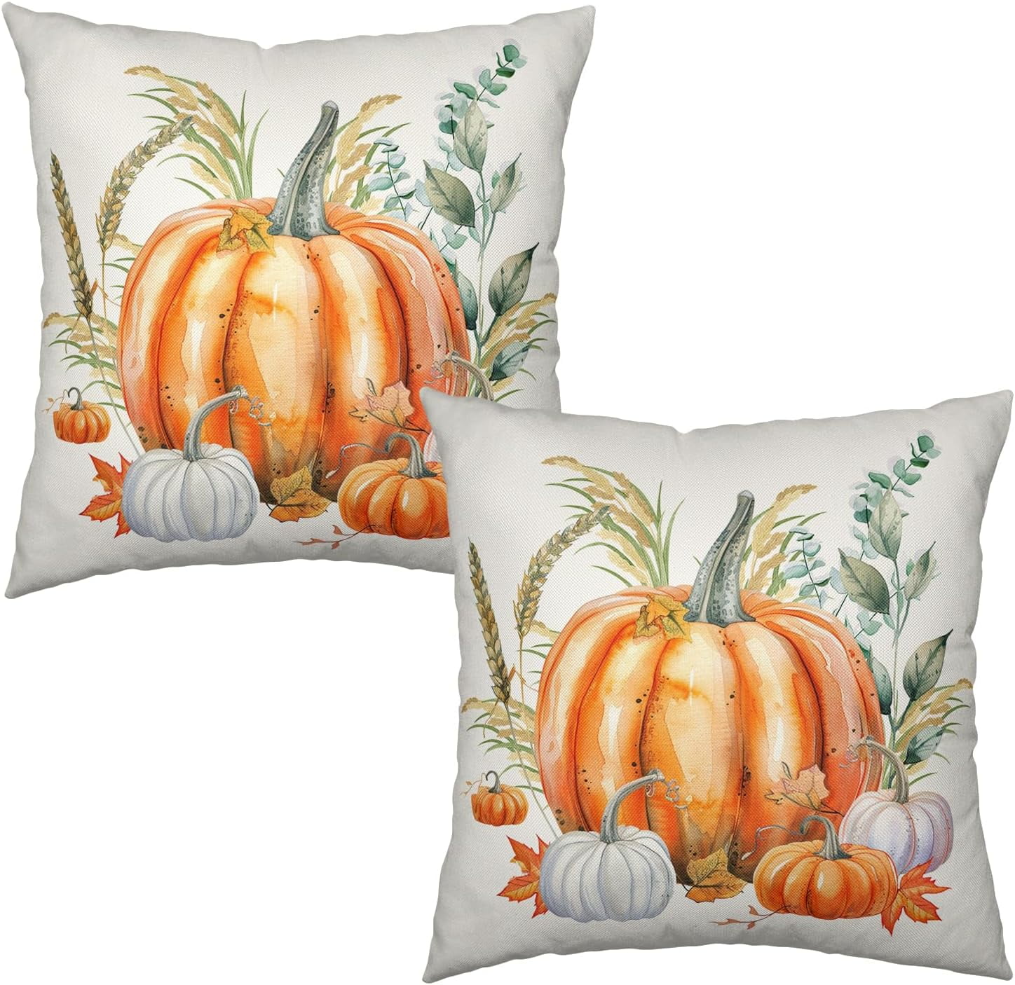 Autumn Harvest 20x20 Pillow Covers Set of 2 Fall Orange White Pumpkin ...