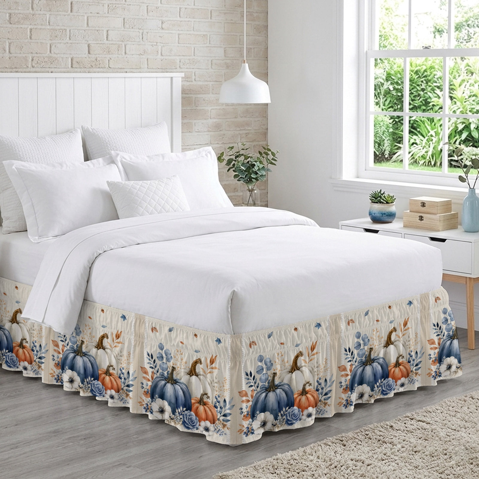Autumn Harvest Bed Skirt California King Size 16 Inch Drop, Blue White ...