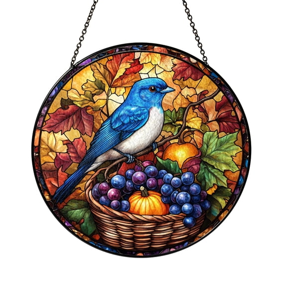 Autumn Harvest Bird Glass Window Hanging Decor, Round Fall Nature Scene ...