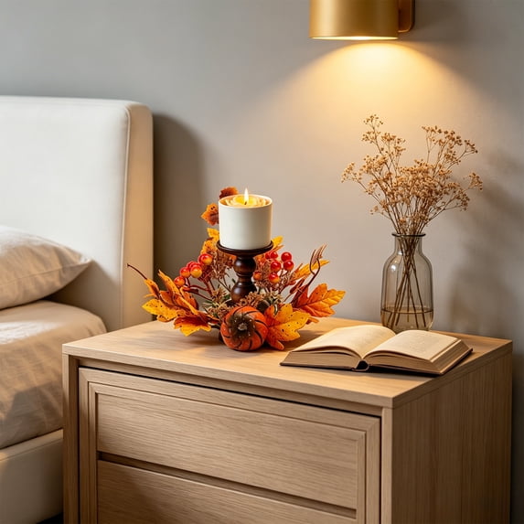 Autumn Harvest Candle Ring Wreath, Artificial Maple Leaf Berry Mini ...
