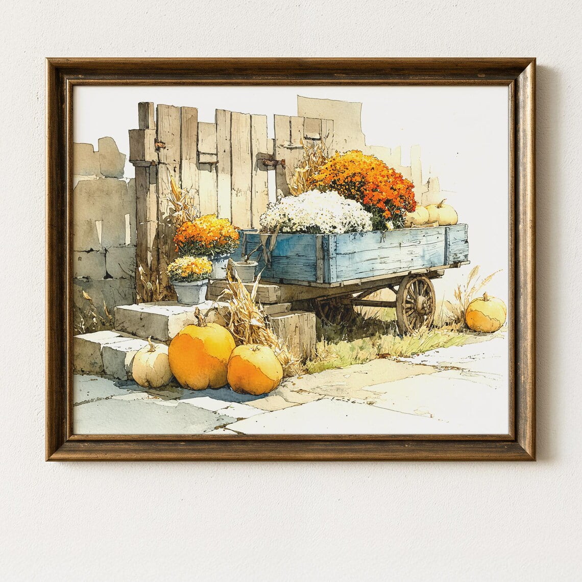 Autumn Harvest Cart Print Poster Rustic Fall Wall Art with Pumpkins ...
