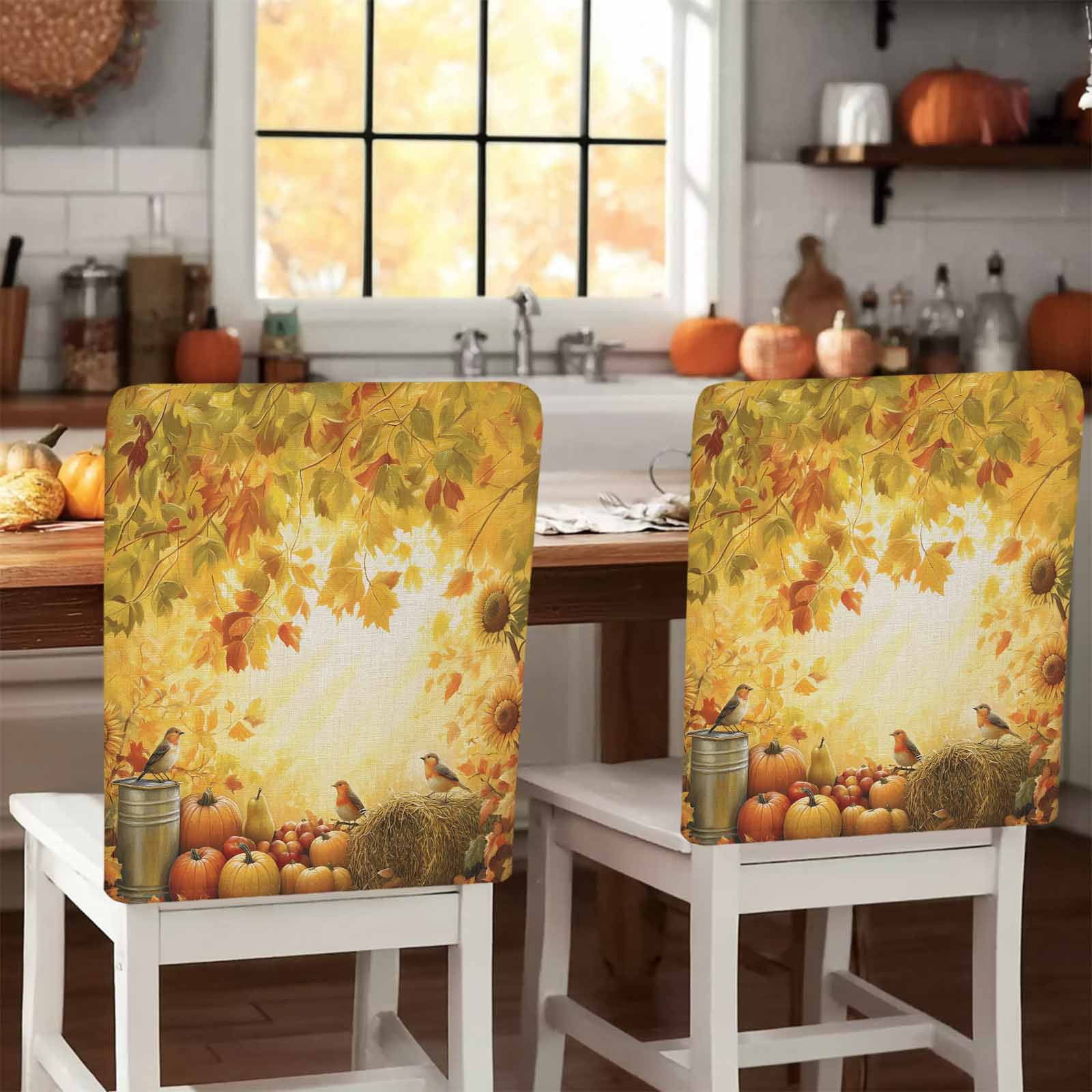 Autumn Harvest Chair Covers Set of 8 Landscape Vintage Fruit Maple Bird ...
