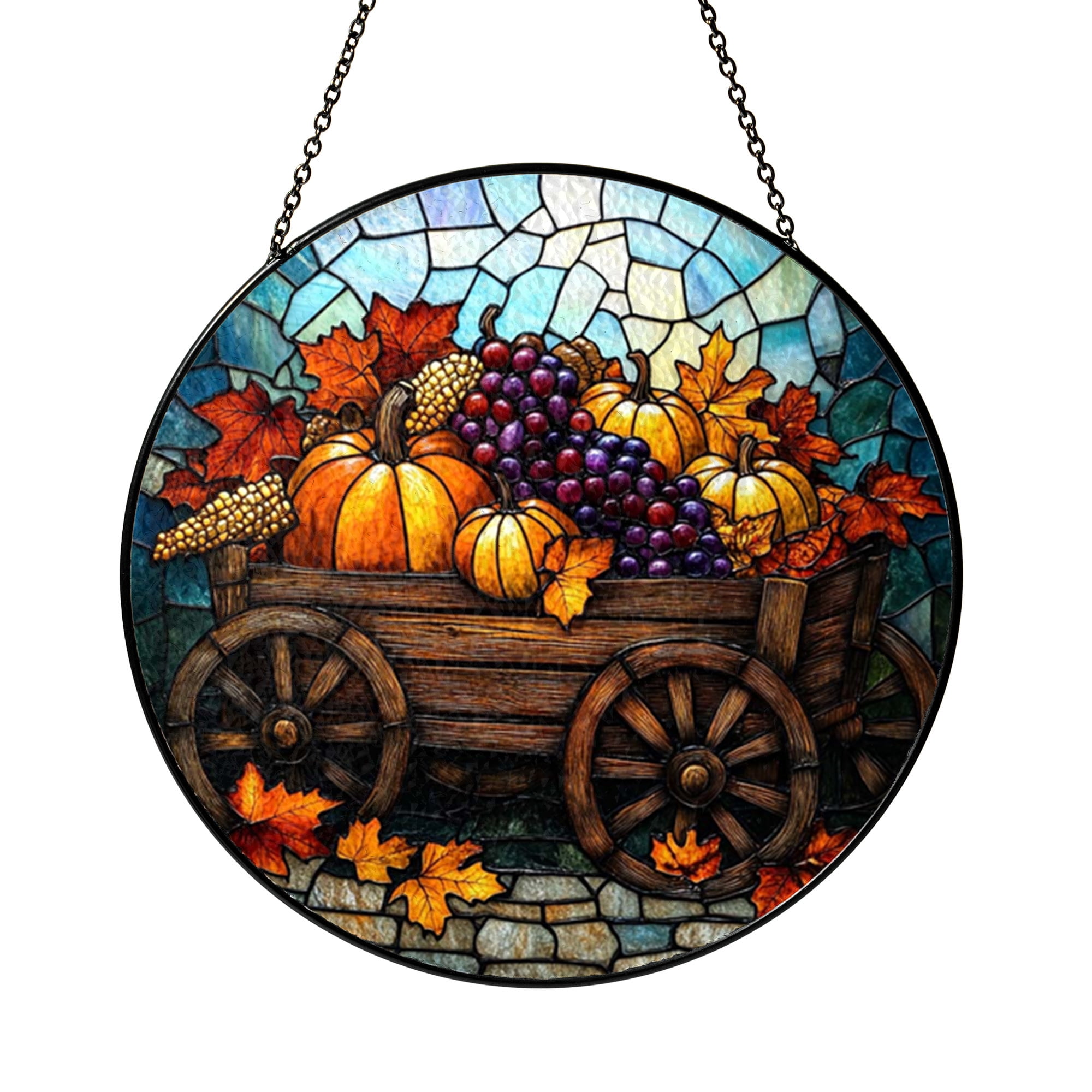 Autumn Harvest Cornucopia Stained Glass Suncatcher, Fall Leaves Window ...