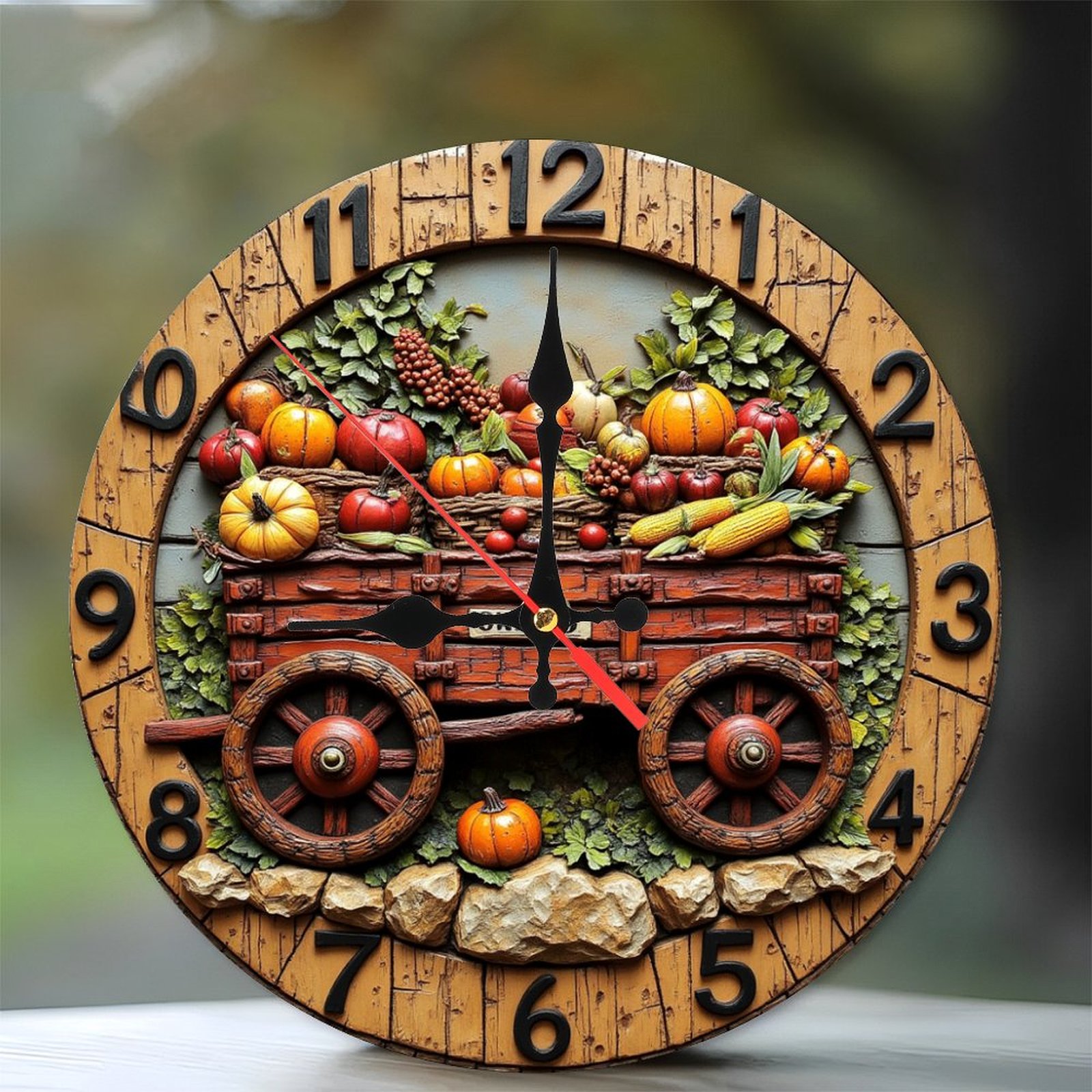 Autumn Harvest Farmhouse Wall Clock Rustic Decor 10-Inch Silent Wooden ...