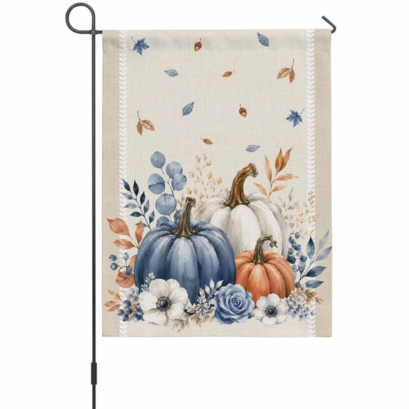 Autumn Harvest Garden Flag 12 x 18 Inches, Blue White Orange Pumpkin ...