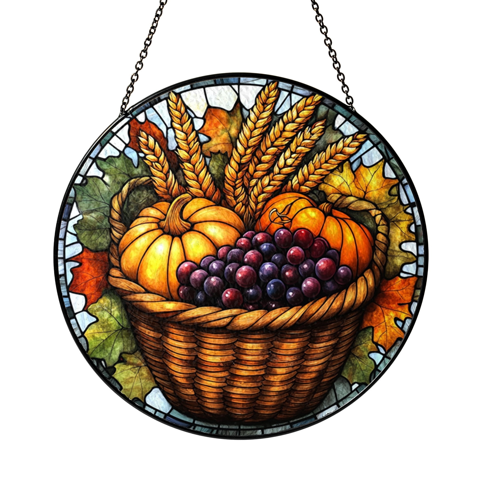 Autumn Harvest Glass Suncatcher, Stained Basket with Seasonal Fruit and ...