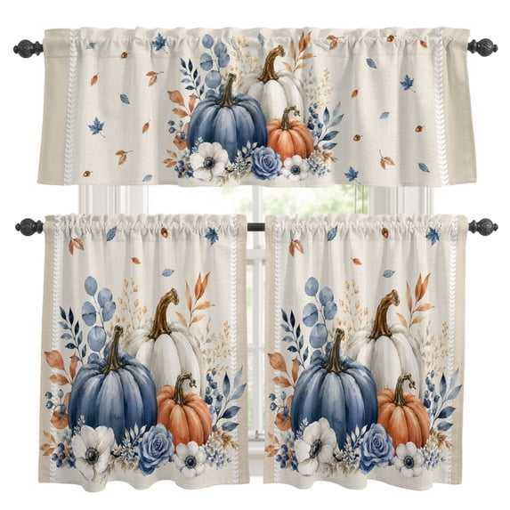 Autumn Harvest Kitchen Curtains and Valances Set, Blue White Orange ...