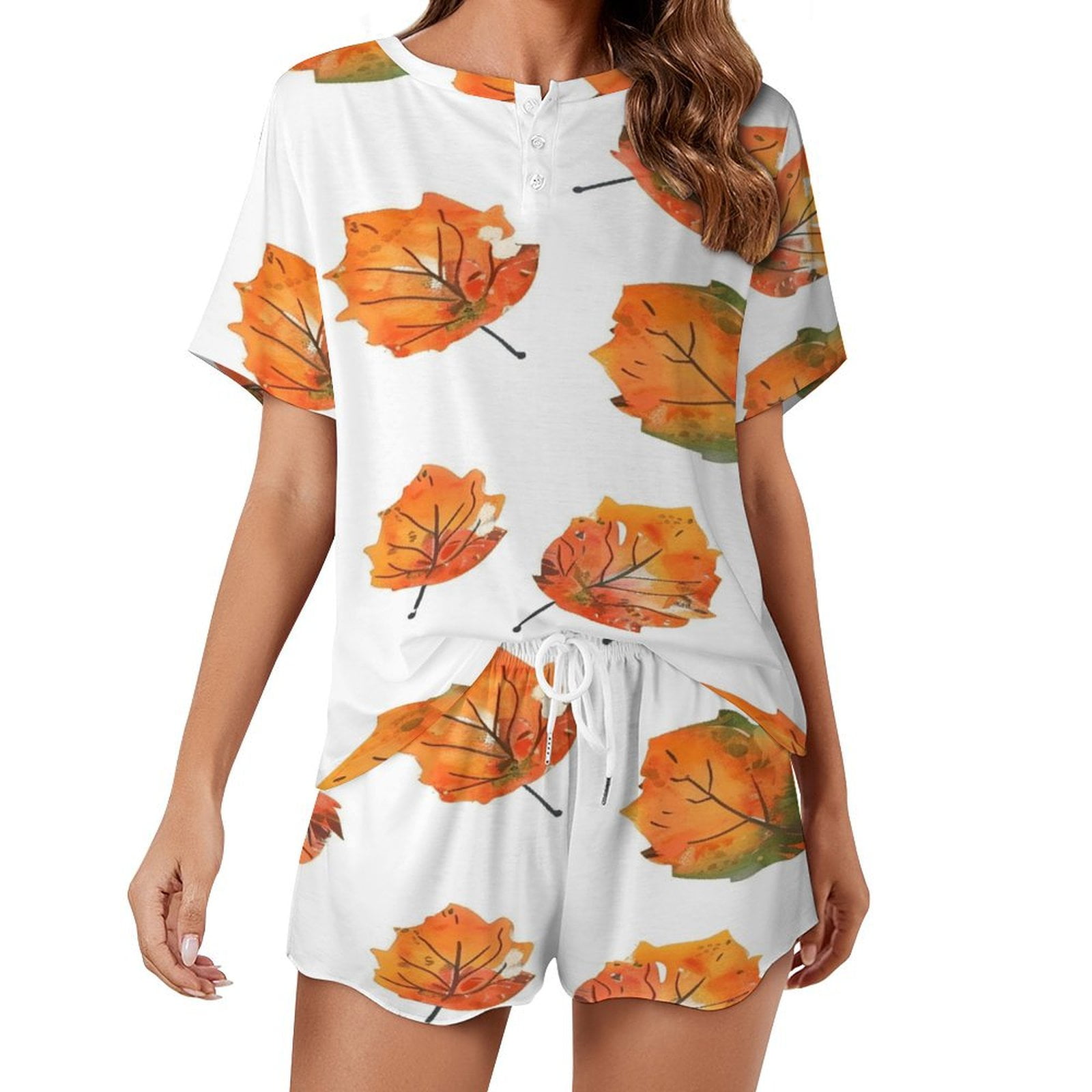 Autumn Harvest Maple Leaves Thanksgiving Pajamas Set Womens Loungewear ...