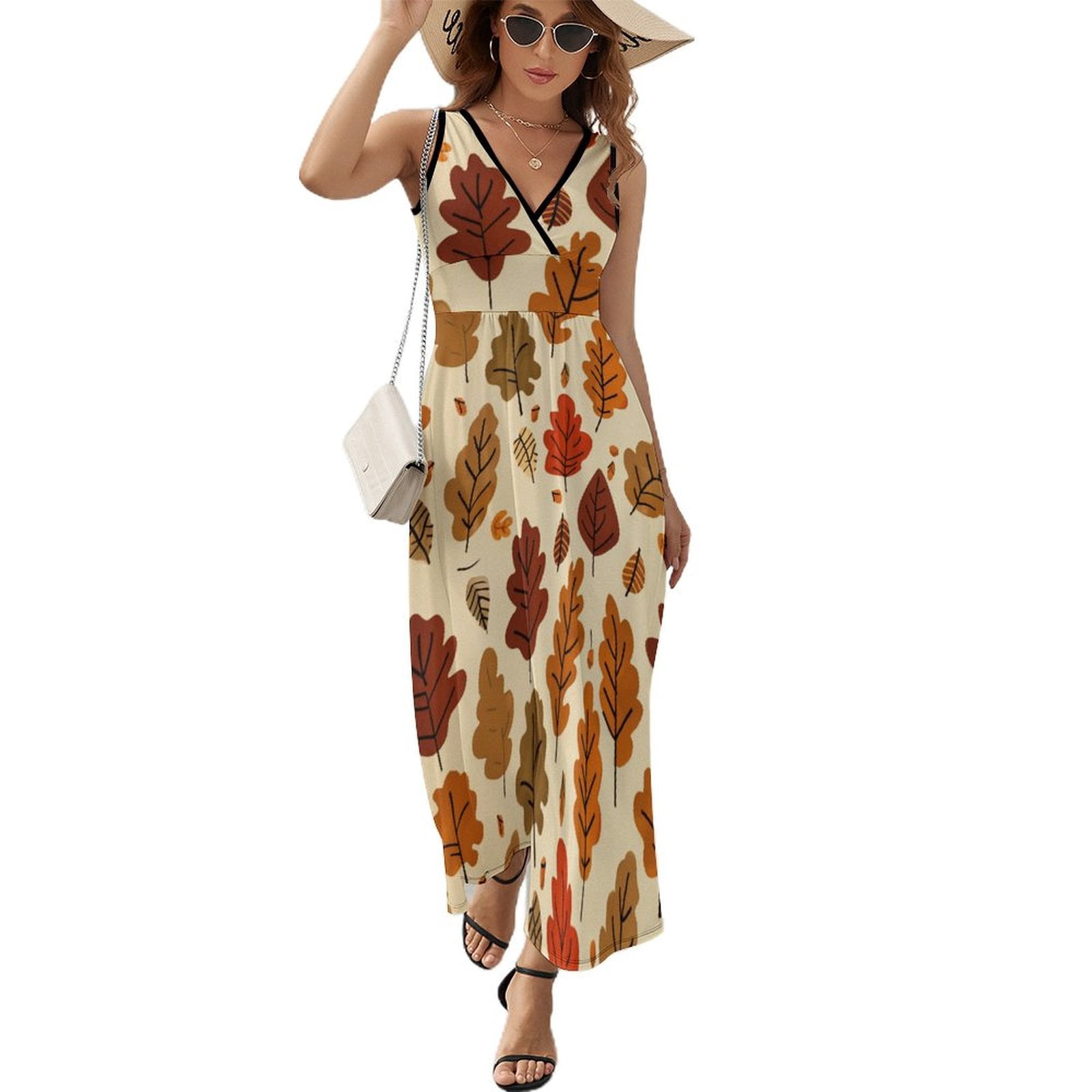Autumn Harvest Maple Leaves Thanksgiving Sleeveless Dress Woman Fashion ...