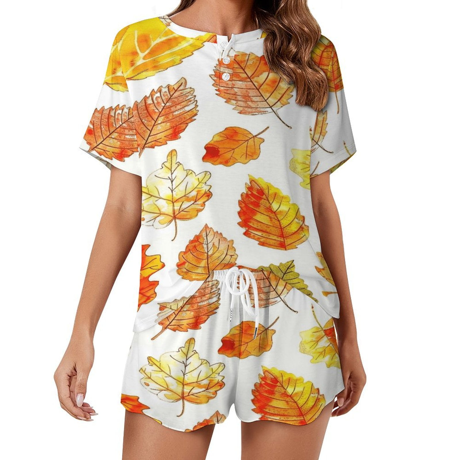 Autumn Harvest Maple Leaves Thanksgiving Women's Ruffle Short Sleeve ...