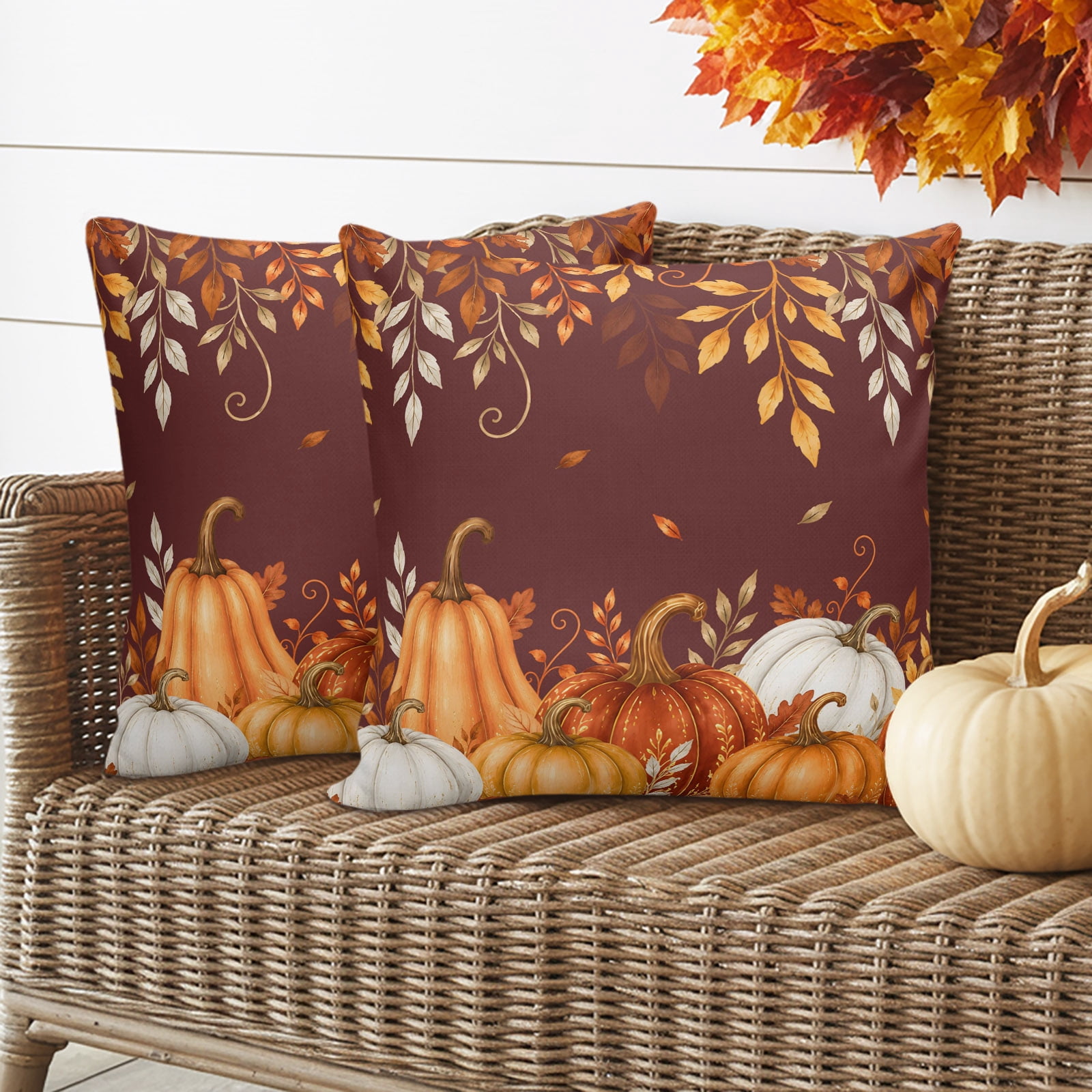 Autumn Harvest Outdoor Waterproof Pillow Covers Set of 2, Dark Red ...